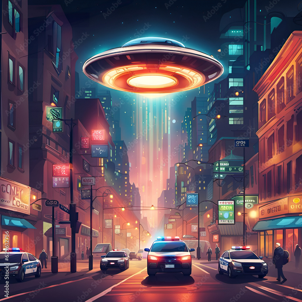 UFO hoving over police cars city street at night. Cartoon illustration ...