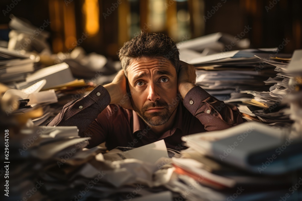 Stack of Paperwork and a Stressed Worker - Pile of Work - AI Generated ...