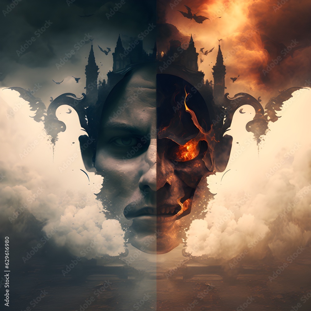 Man vs. evil. A man with two faces between a dark world and a world of ...