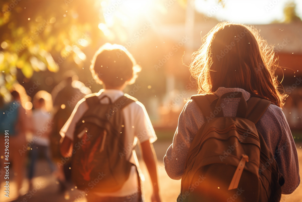 Children with backpacks, back to school, subtle glare of golden hour ...