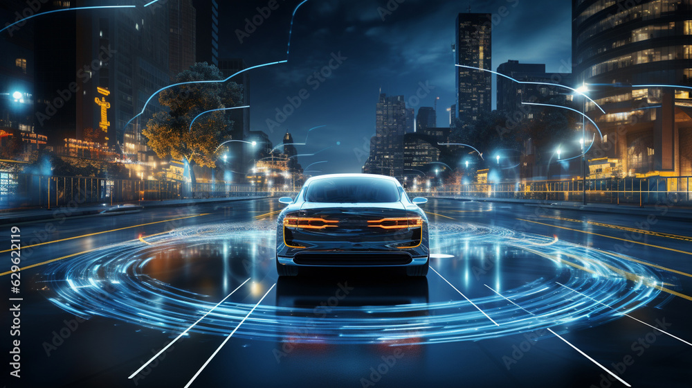 Shot of a Futuristic Self-Driving Van Moving on a Public Highway in a Modern City with Glass ...