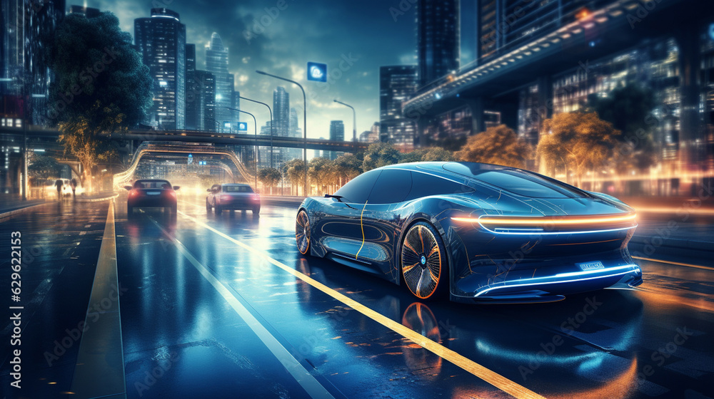 Shot of a Futuristic Self-Driving Van Moving on a Public Highway in a Modern City with Glass ...