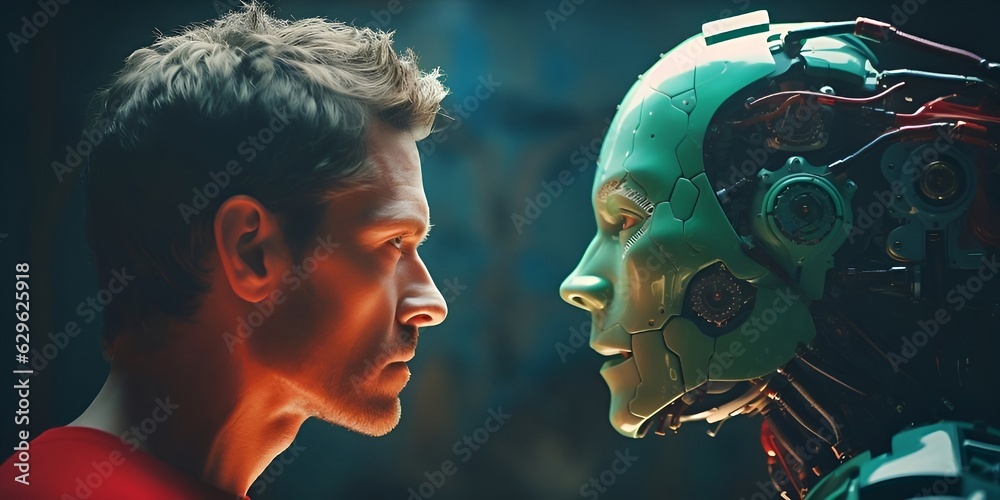 Man vs AI. Man facing a green AI robot, dark background Stock Photo ...
