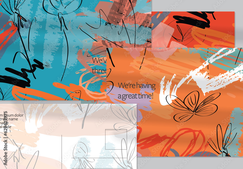 Postcard Layout with Hand Drawn Abstract Brush Strokes and Floral ...