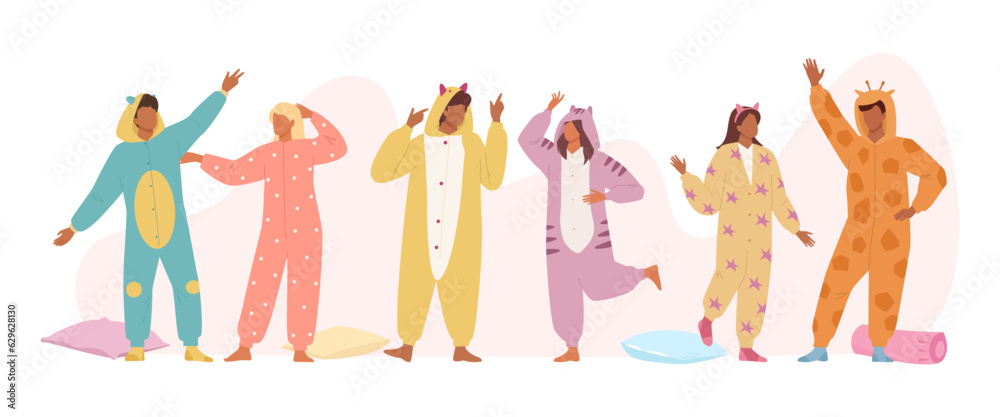 happy cute people, kids dressed in kigurumi pajama set. cartoon ...