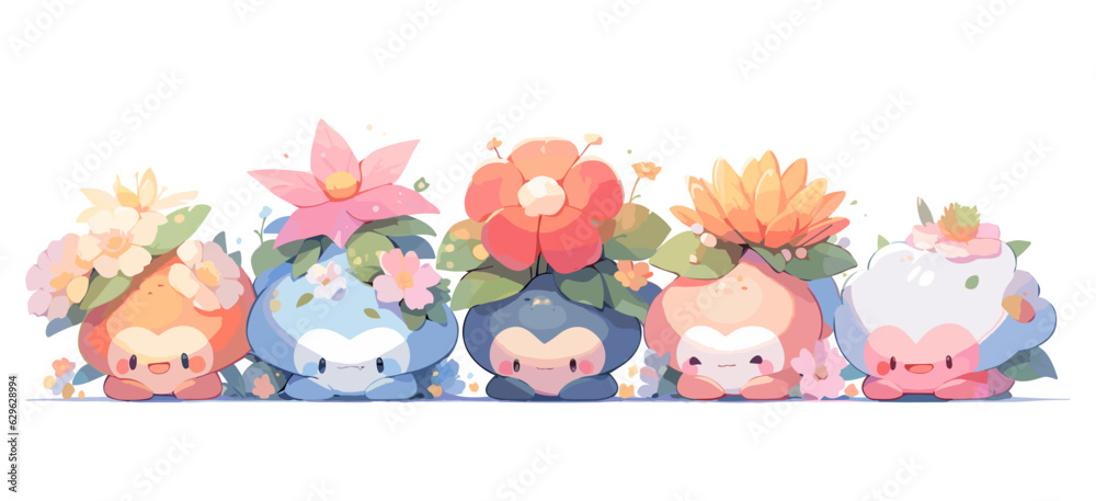 monsters chibi cute characters flower for border bottom background ...