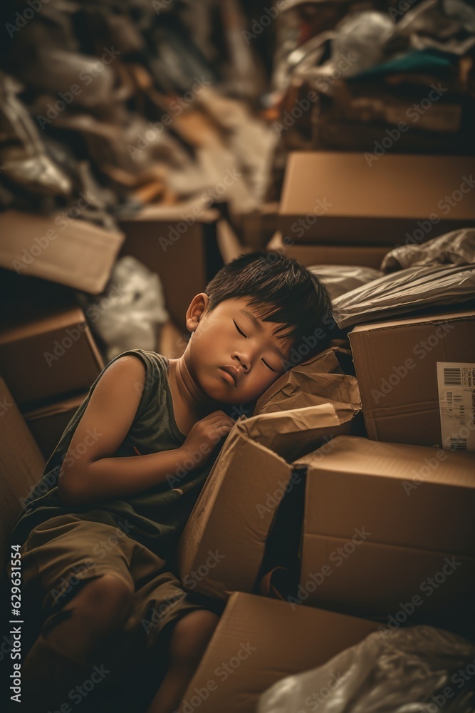 Child worker tired and exhausted take a rest to sleep between boxes ...