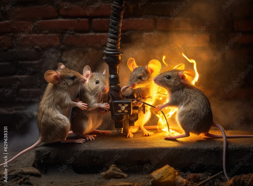 Closeup mouse gnaws wire in an apartment house on the background of the ...