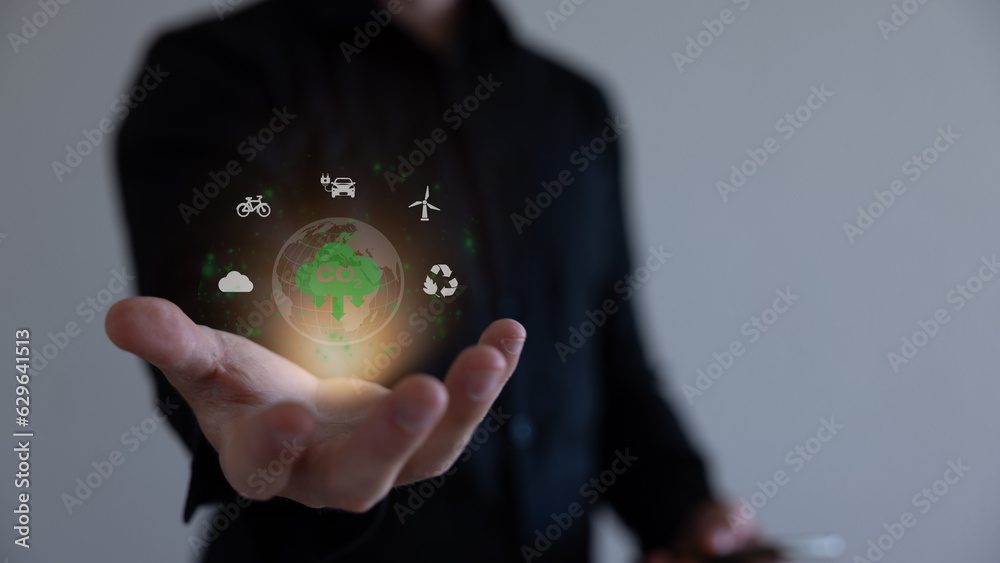 Hand holding virtual Global with CO2 reducing icon for concept of decrease carbon dioxide ...