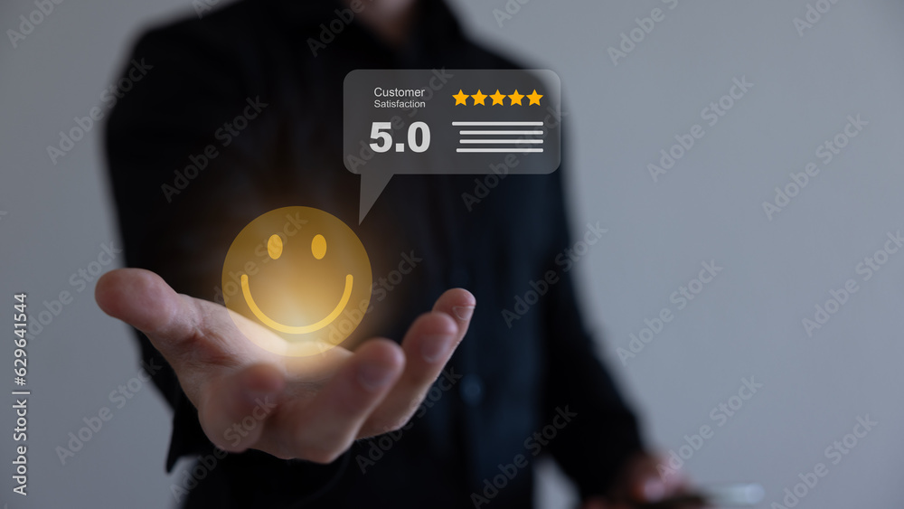 Hand businessman show happy smile relax face, good feedback rating ...