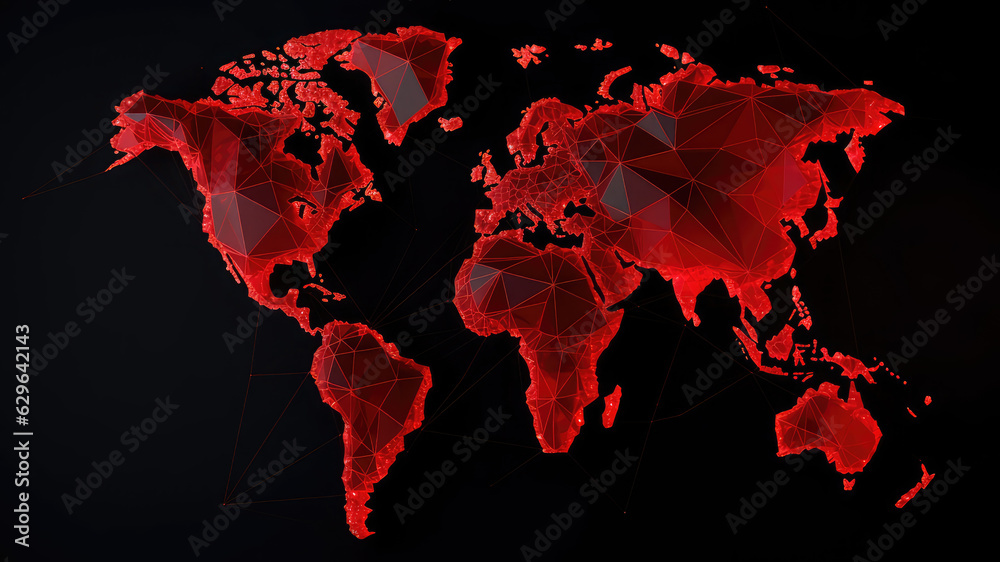 3d World map network connection red glowing polygonal triangle neon ...