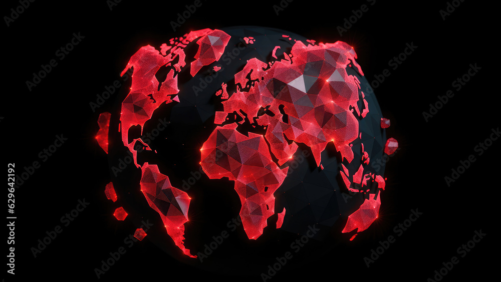 3d World map network connection red glowing polygonal triangle neon ...