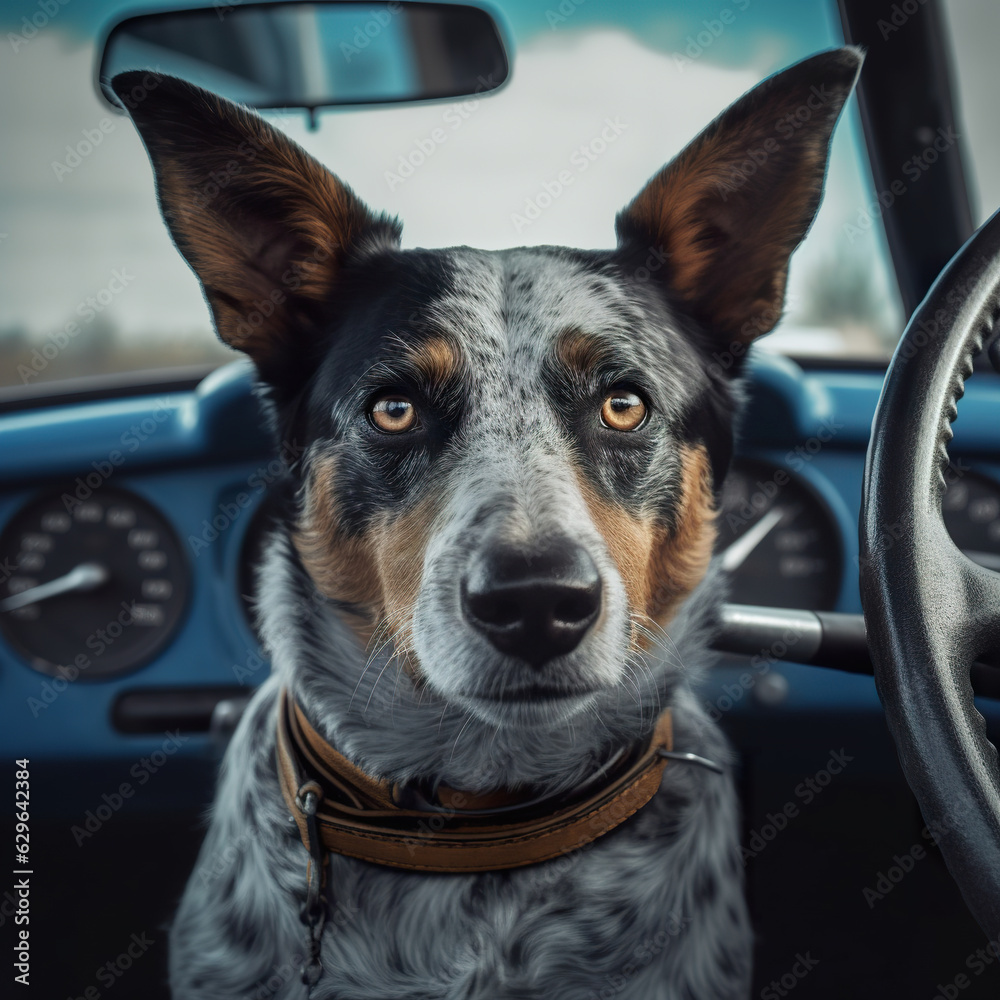 Dynamic photo of a dog inside a car. Dog near the steering wheel of the ...
