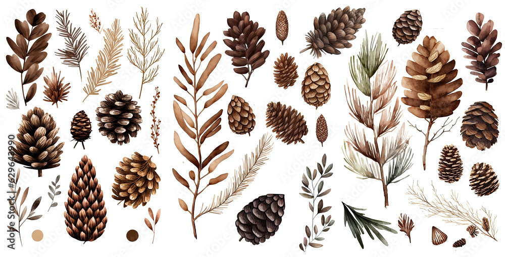 Set of Pine cone and branches watercolor collection of hand drawn, Pine ...