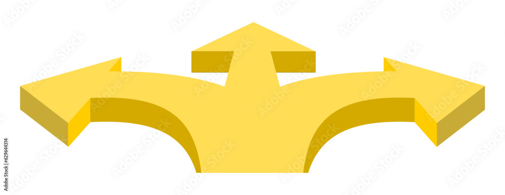 Arrow that forks into three. Yellow arrow isolated on white. Three ...