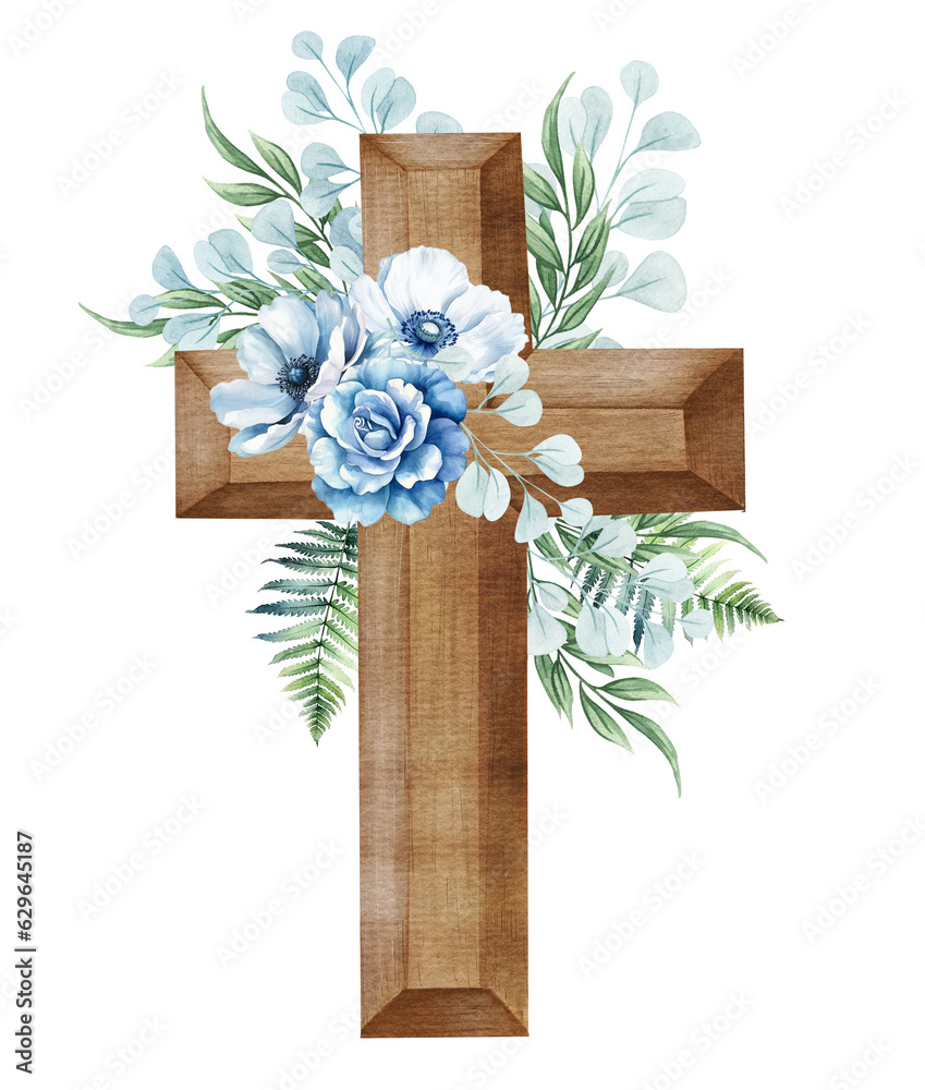 Floral cross isolated on white. Wooden cross with blue flowers, fern ...