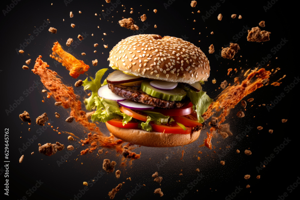 Generative AI illustration of Burger in the air exploding with cheese ...