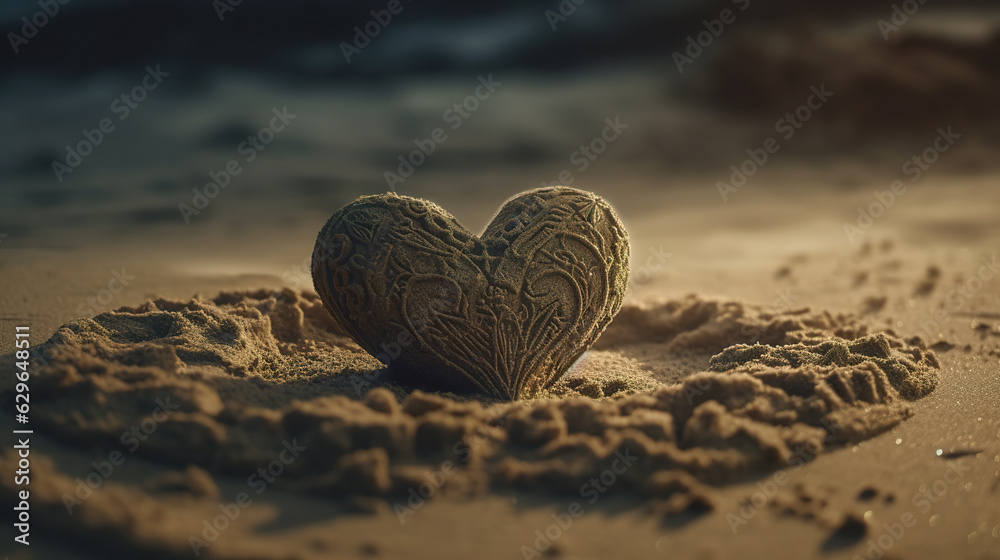 Heart-shaped sand sculpture on the beach. Beautiful scene on the beach ...