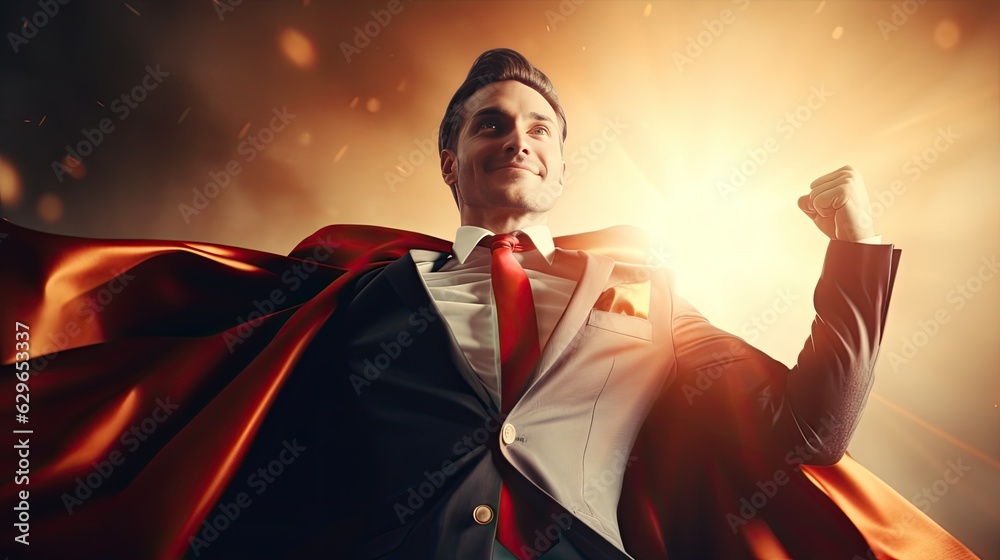 Young man in superhero costume representing power and courage. The ...