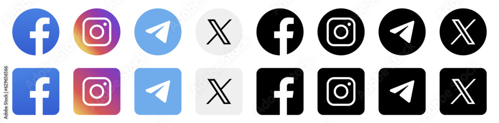 Twitter X, Instagram, Facebook, Telegram Logo Set. Popular social media ...