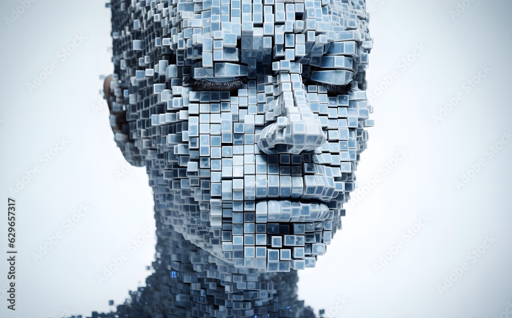 Blocky human face isolated on a gray background, in the style of ...