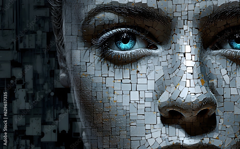 Blocky human face isolated on a gray background, in the style of ...