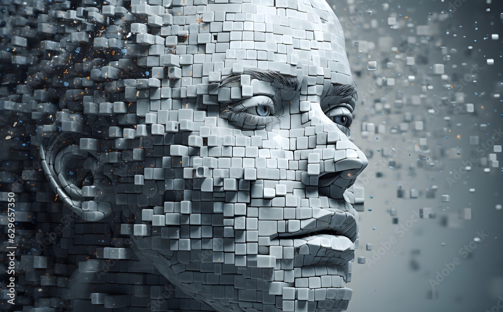 Blocky human face isolated on a gray background, in the style of ...