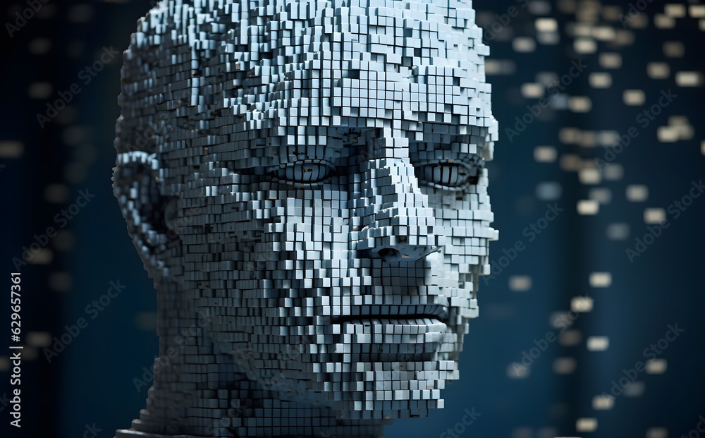 Blocky human face isolated on a gray background, in the style of ...