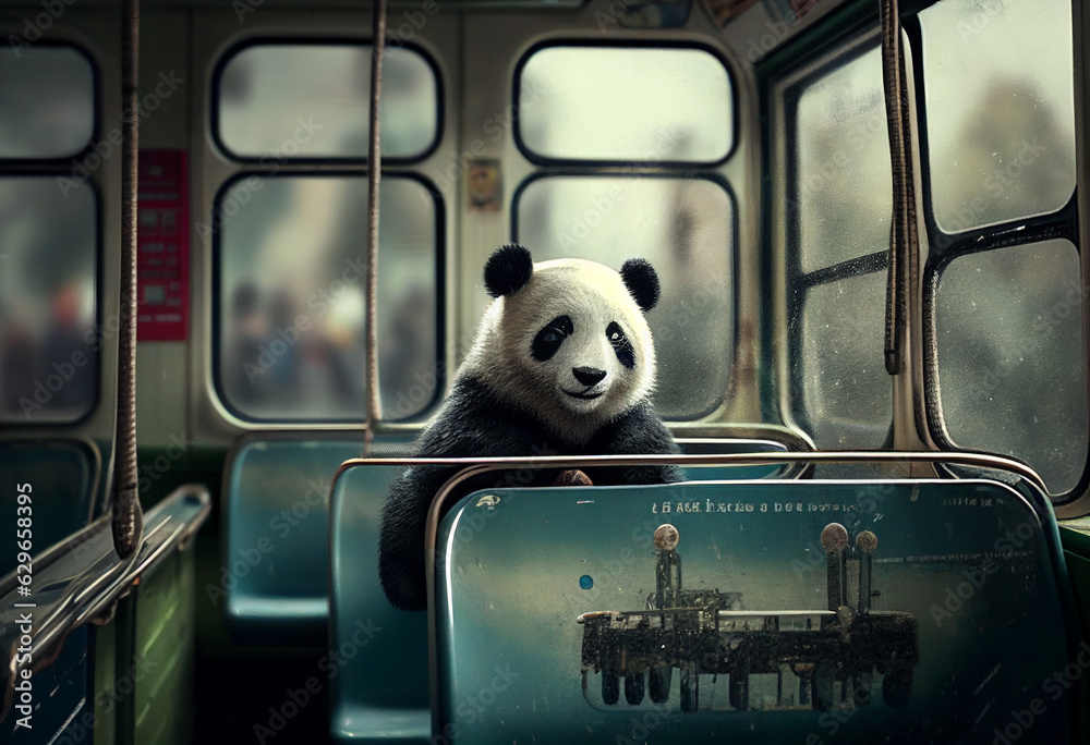 Panda rides in a trolleybus sitting in the passenger seat, animation ...