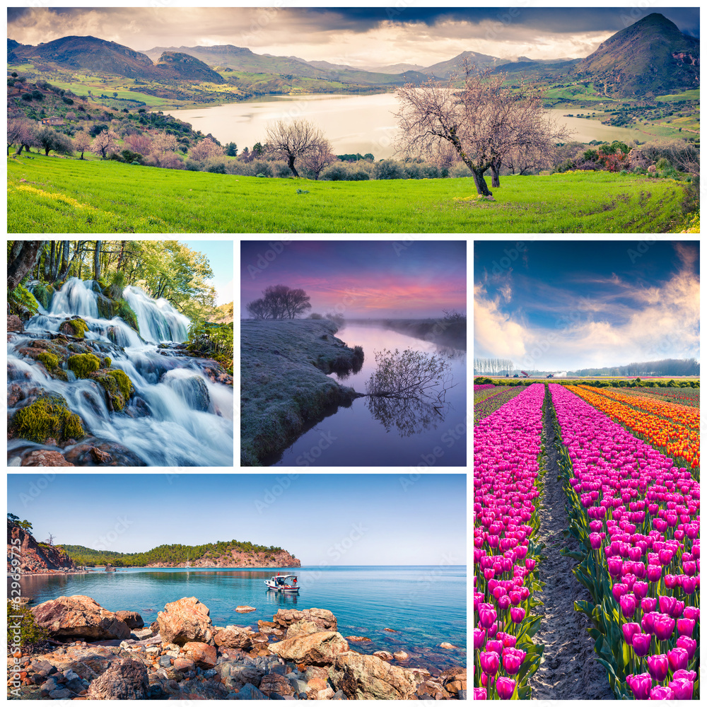 Spring collage. Set of beautiful spring landscapes arranged in a square ...
