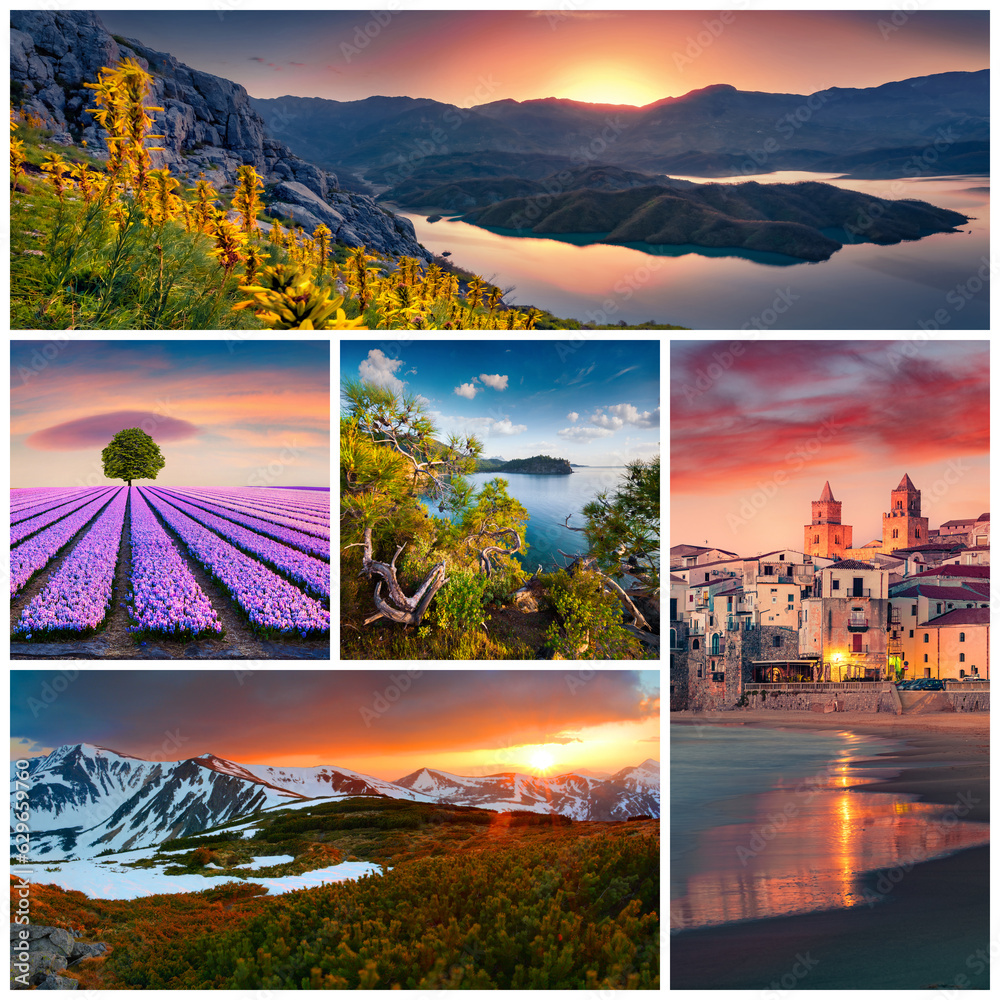 Spring collage. Set of beautiful spring landscapes arranged in a square ...