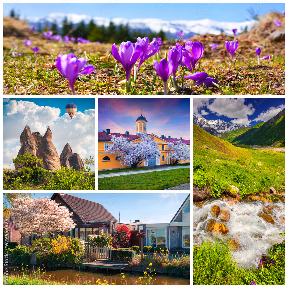 Spring collage. Set of beautiful spring landscapes arranged in a square ...