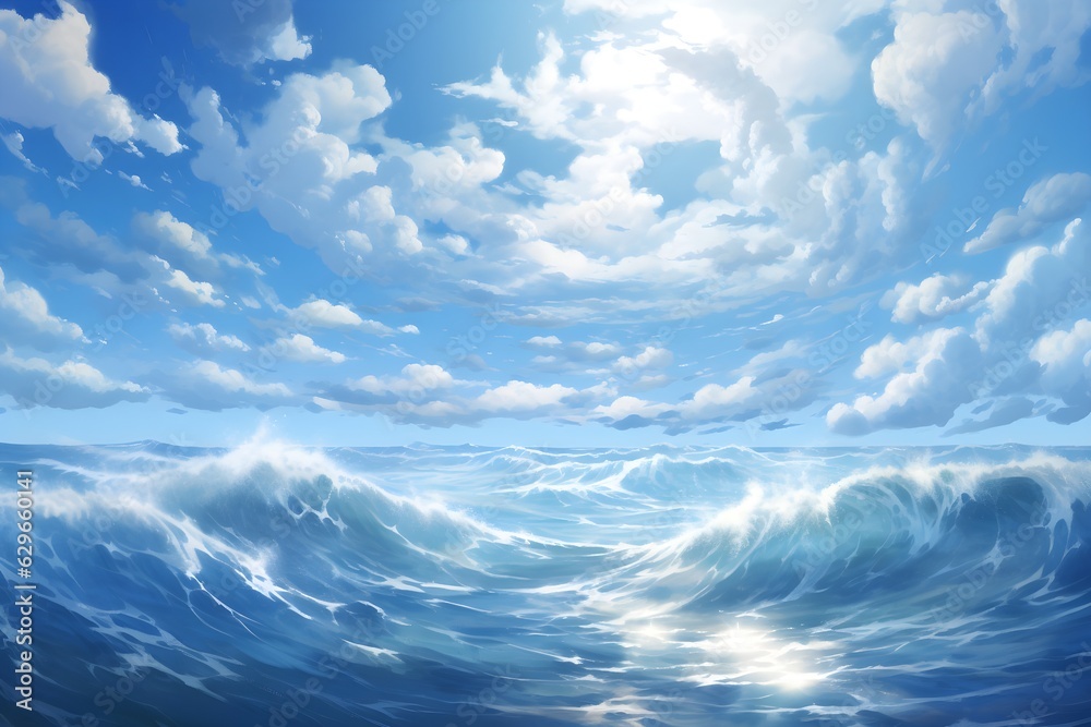 Ocean in blue and white in the style of anime art created with ...