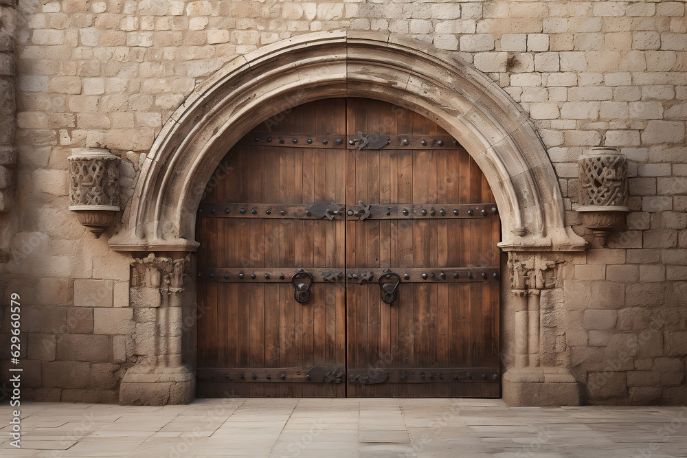 Enigmatic entrances, Majestic wooden doors in a medieval castle Stock ...