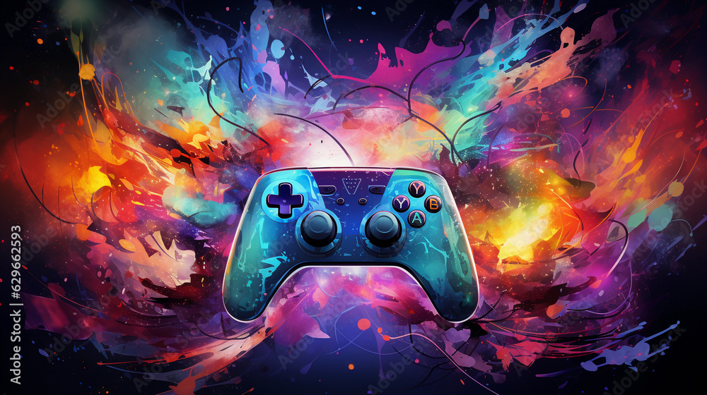 a console controller morphing into a mythical beast, vibrant colors ...