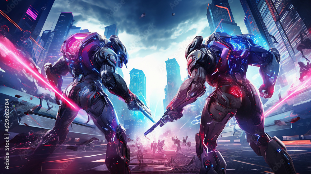 Cybernetic warriors battling in an e - sports tournament, neon lights ...