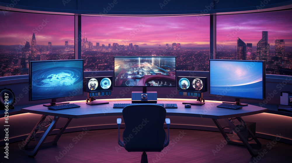 Futuristic gaming station setup, hyper - realistic, ultra - wide curved ...
