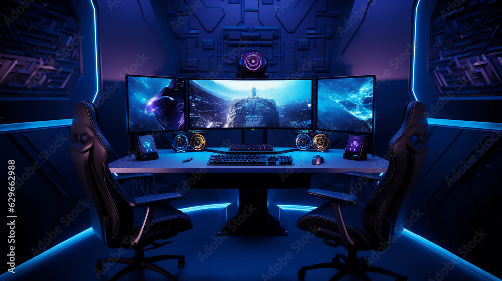 Futuristic gaming station setup, hyper - realistic, ultra - wide curved ...