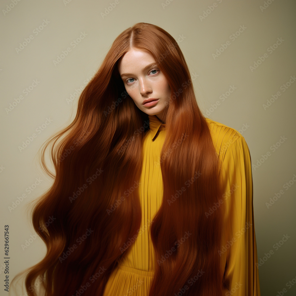 portrait of a woman/model/book character in a close up with long copper ...
