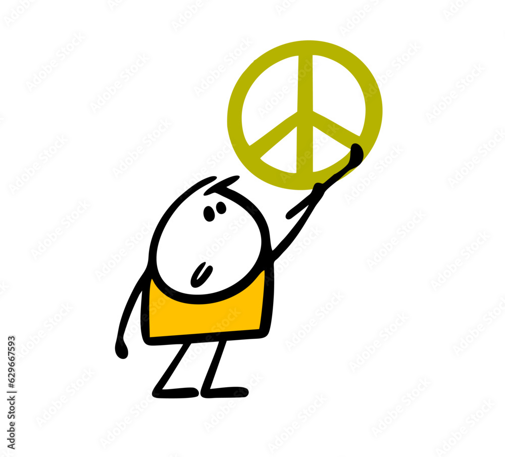 Cartoon stickman boy draws a peace sign on the wall with green paint ...