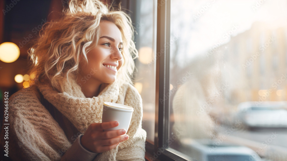 Smiling young blond woman enjoying in her coffee time by the window in ...