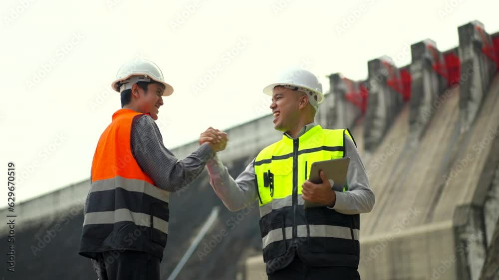 Success moment asian two engineers man shake hands with safety helmet ...