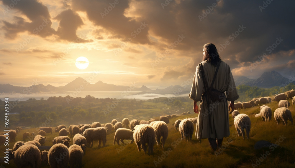 The Divine Shepherd leading his flock through the meadow Stock ...