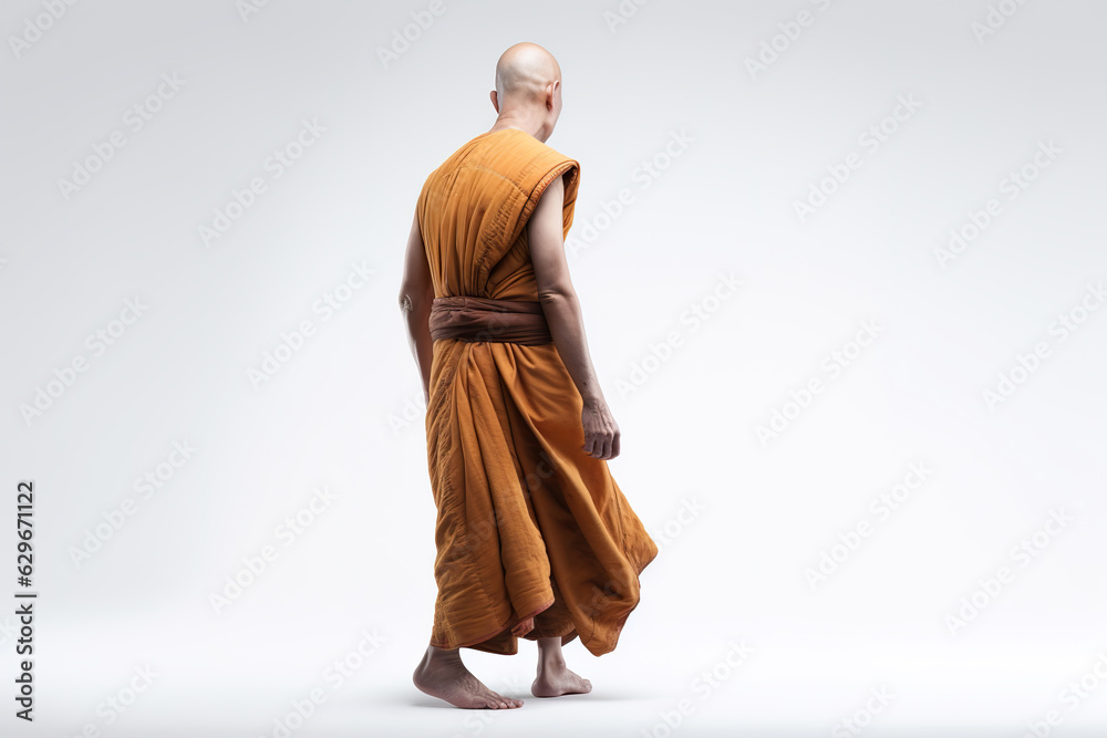 Buddhist monk from the back walking on white background. Buddhist monk ...
