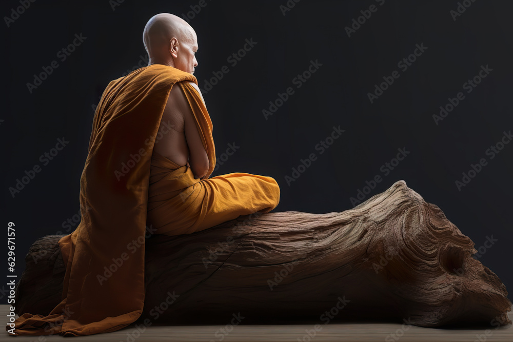 Buddhist monk from the back sitting on a log on black background ...