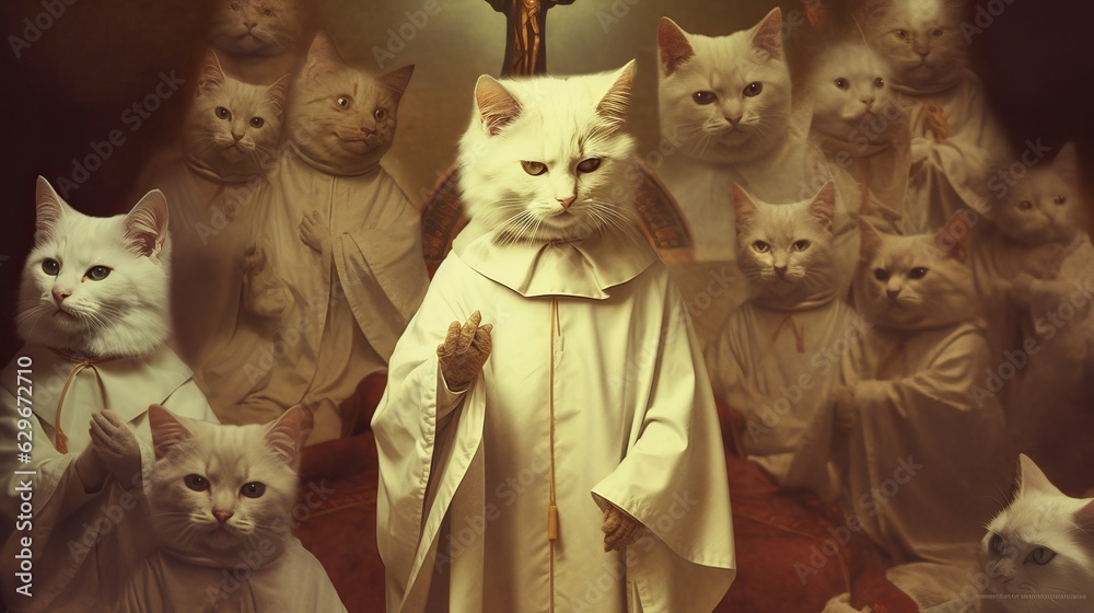 Buddhist cat, animal worship, funny illustration of a cat with folded ...