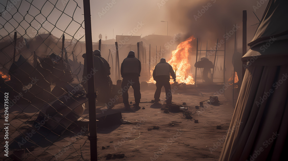 Photo & Art Print Refugee immigrants queue along high border of country ...