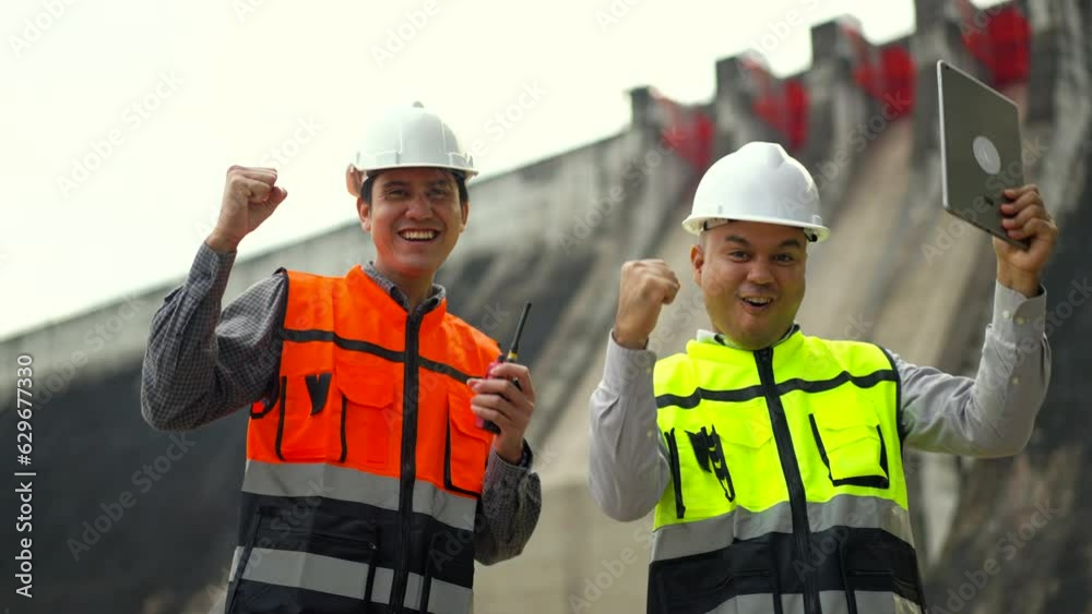 Success moment asian two engineers man shake hands with safety helmet ...