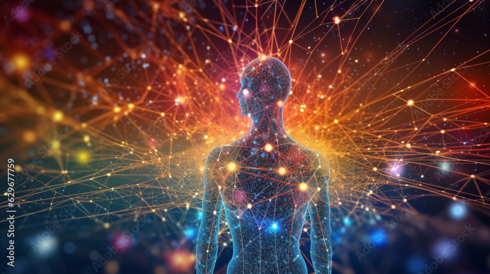 View of female humanoid, digital artificial intelligence concept. Multi ...