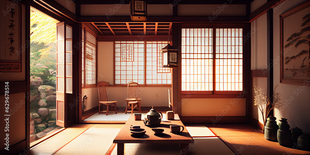 Traditional Japanese or Chinese tea room. A set of dishes and a table ...